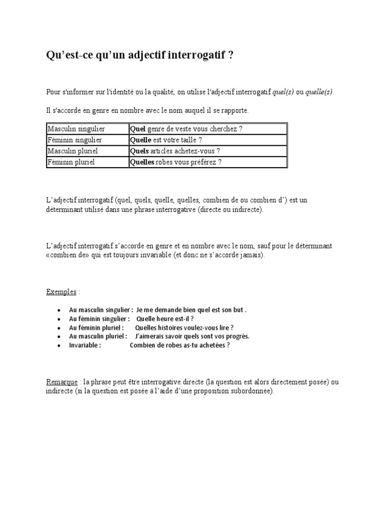 Adjectif Interrogatif | PDF | Question | Genre grammatical
