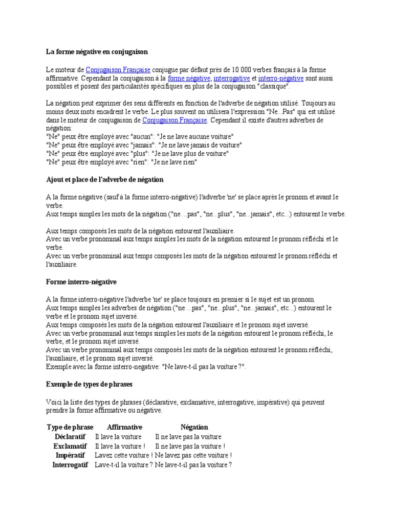 La Forme Négative en Conjugaison | PDF | Phrase | Verbe