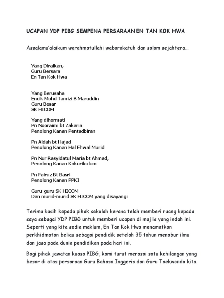 Ucapan Ydp Pibg Sempena Persaraan en Tan Kok Hwa | PDF