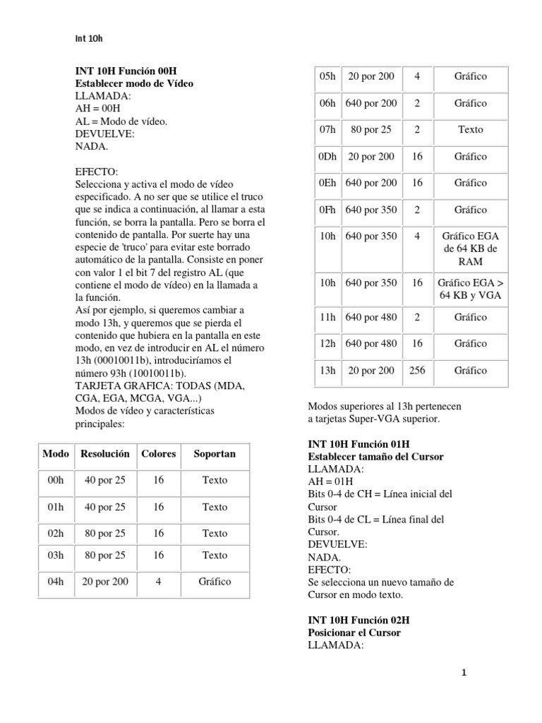 Int 10H | PDF | Arquitectura de Computadores | Compatibles con PC Ibm