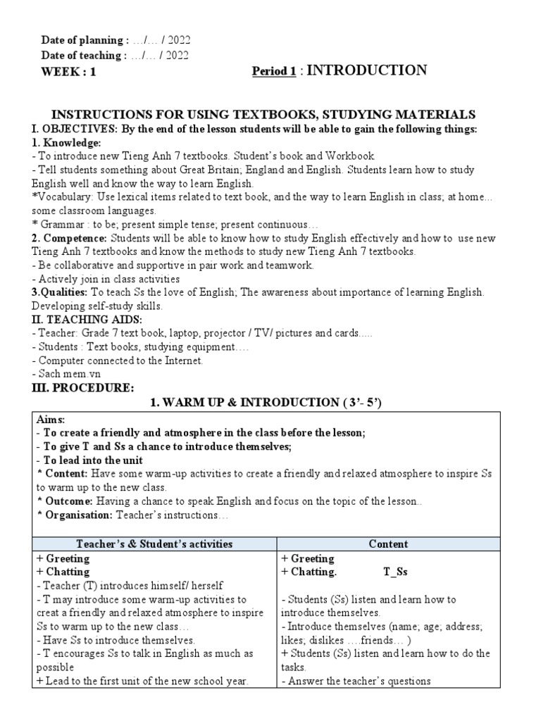 Instructions For Using Textbooks, Studying Materials: Week: 1 Period 1 ...