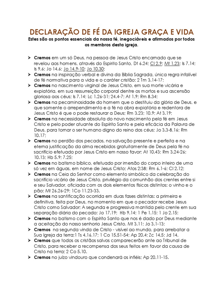 Declaração de Fé da Igreja Graça e Vida: Os Princípios Fundamentais da ...