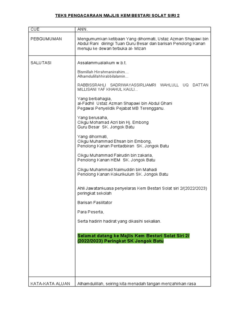 Teks Pengacara Majlis Kem Bestari Solat Siri 2 | PDF