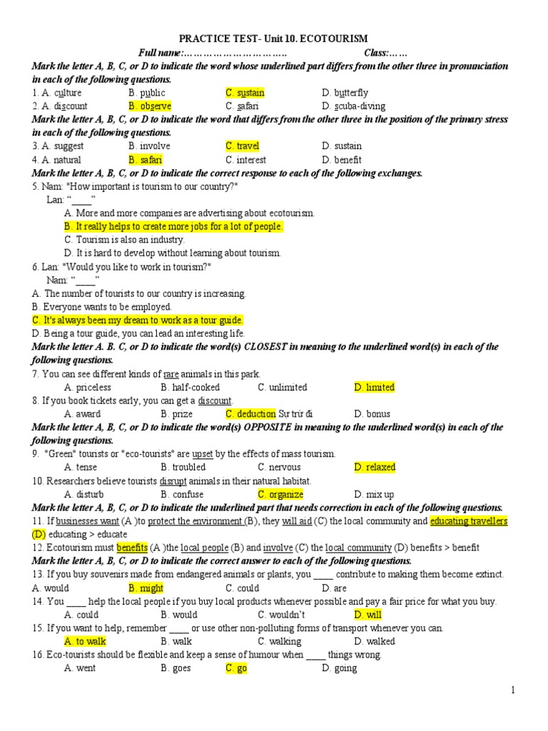 Unit 10-PRACTICE TEST HS | PDF | Tourism | Natural Environment