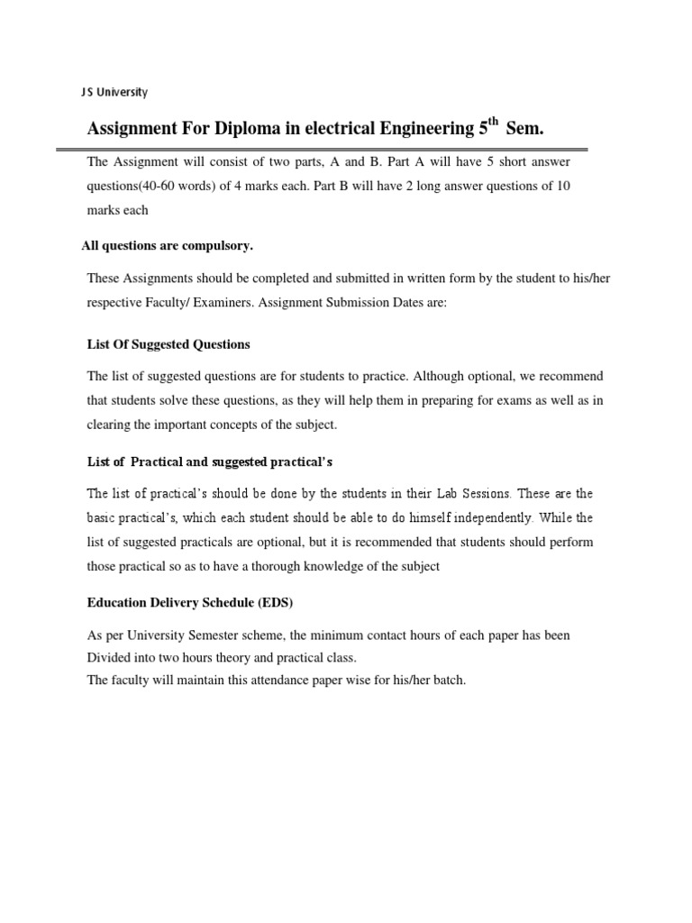Diploma Electrical Engg 5th Sem Assignments | PDF | Electric Motor | Relay