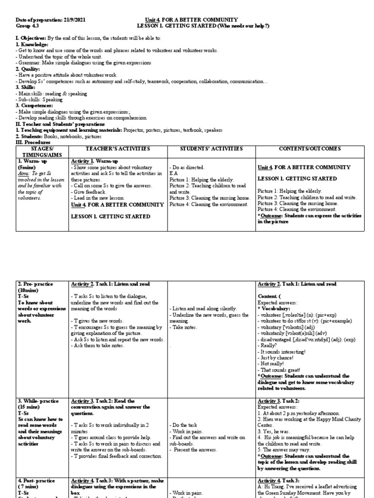 Unit 4: Volunteer Work Lesson Plan | PDF | Reading Comprehension ...
