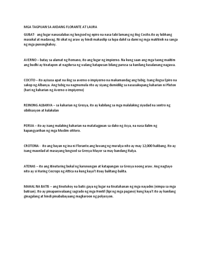 Mga Tagpuan Sa Akdang Florante at Laura PDF Free | PDF