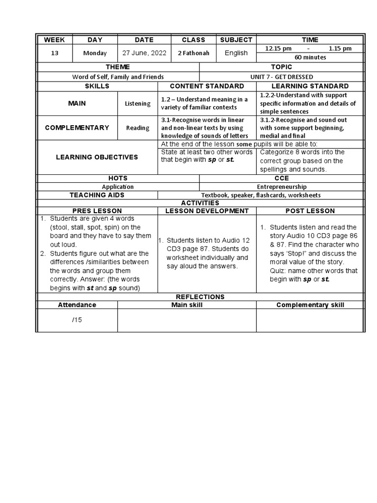 Unit 7 English Lesson Plan: Getting Dressed and Word Families | PDF ...