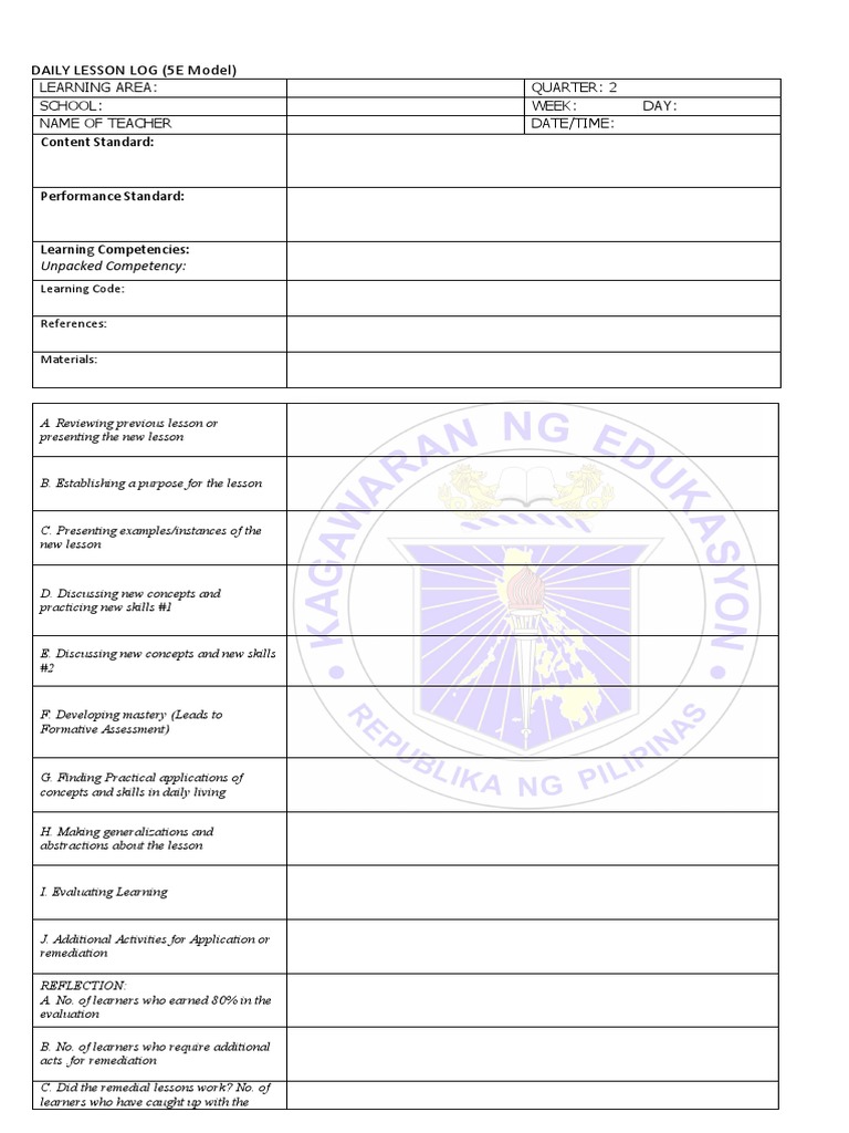 Daily 5E lesson log template | PDF