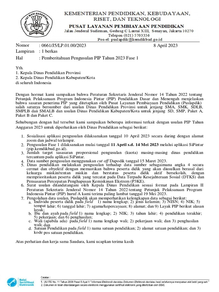 Nomor: 0661/J5/Lp.01.00/2023 8 April 2023 Lampiran: 1 Berkas Hal: Pemberitahuan Pengusulan PIP ...