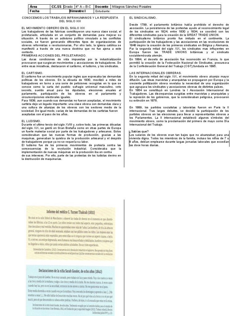 Ficha 4°conocemos Los Trabajos Infrahumanos y La Respuesta Del Siglo XIX | PDF | Movimientos ...