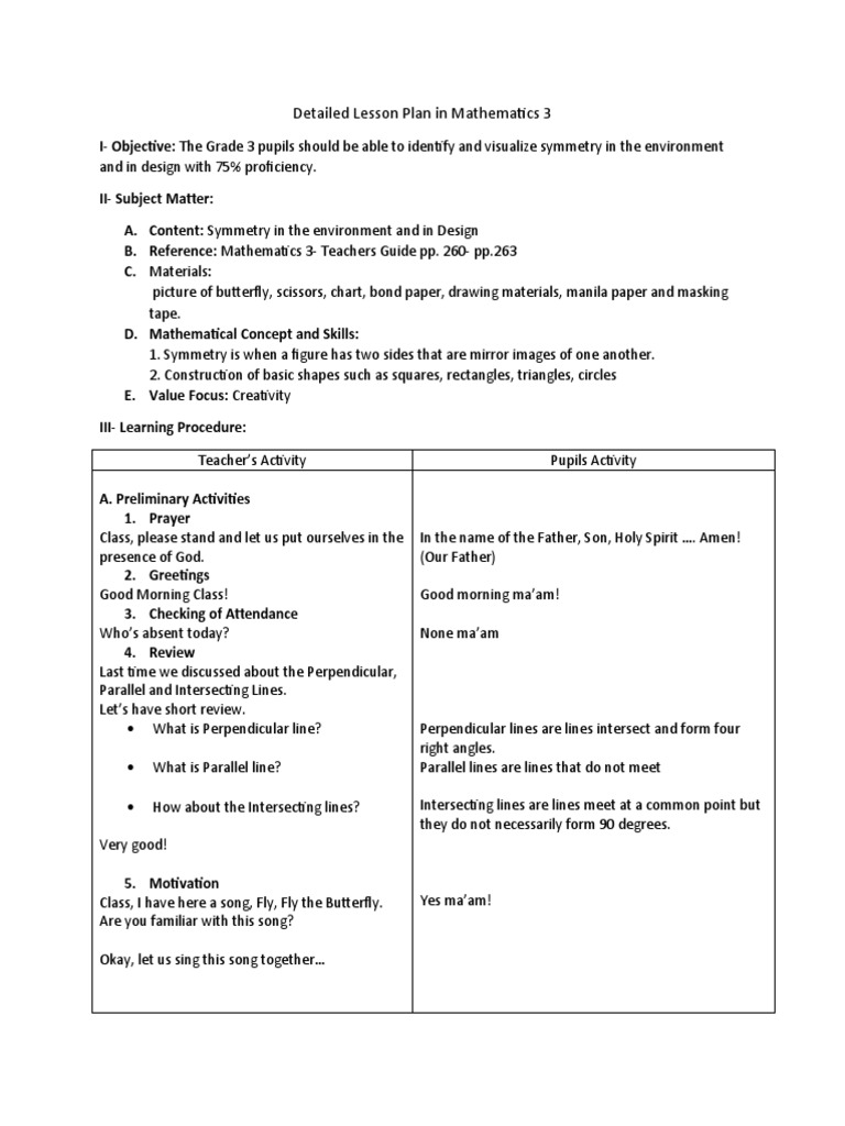 Detailed Lesson Plan in Mathematics 3 | PDF | Symmetry | Perpendicular