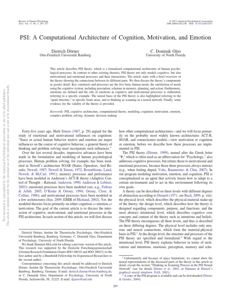 Dietrich Doerner - PSI - A Computational Architecture of Cognition, Motivation, and Emotion ...
