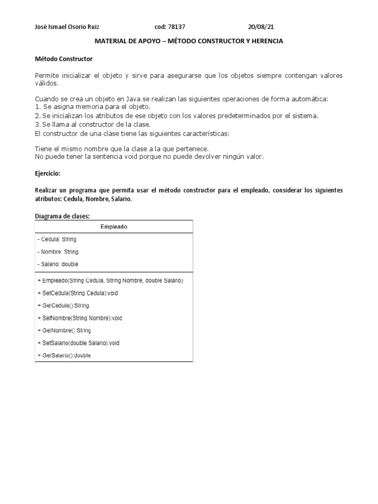 MÉTODO CONSTRUCTOR Y HERENCIA Java | PDF | Herencia (Programación Orientada a Objetos) | Objeto ...