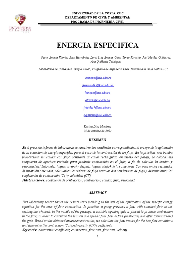 Lab Energia Especifica | PDF | Descarga (hidrología) | Agua