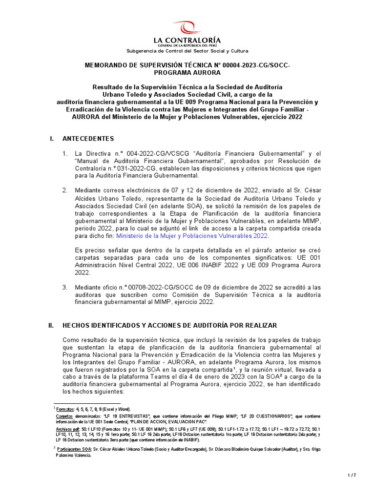 Memorando de Supervisión Técnica Programa Aurora 2022 - Última Versión-Rev KT1 | PDF | Auditoría ...