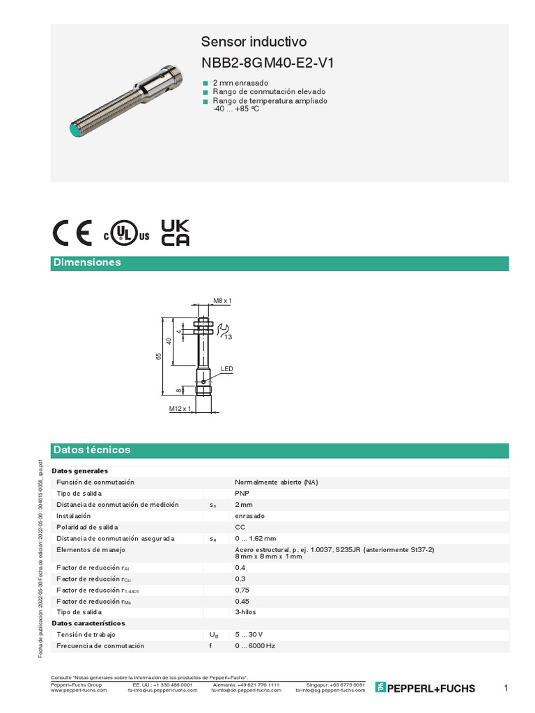 Especificaciones técnicas y características de un sensor inductivo sin ...