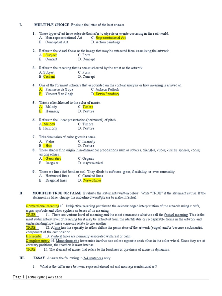 ARTS 1100 Quiz WITH ANSWERS 1 | PDF | Composition (Visual Arts)