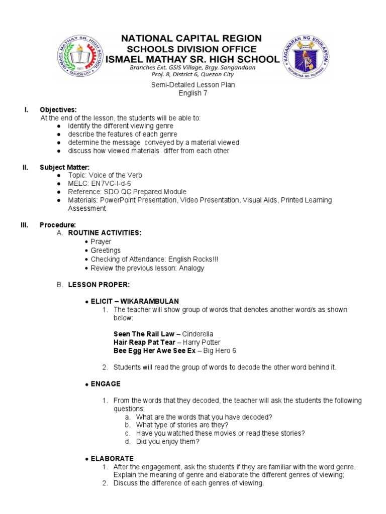 English 7 Lesson Plan: Viewing Genres | PDF | Cognition | Cognitive Science