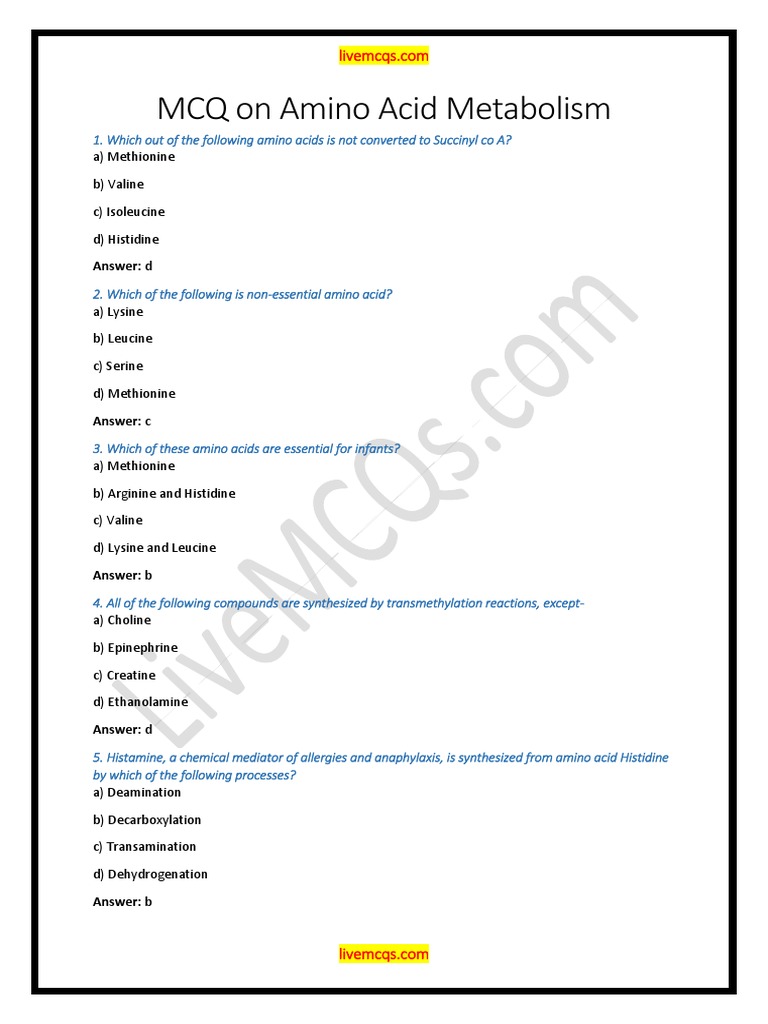 Amino Acid Metabolism MCQs | PDF | Biosynthesis | Amino Acid