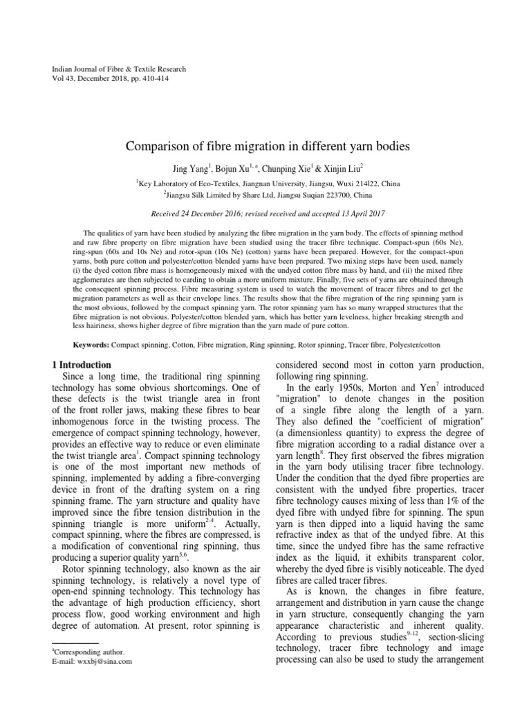 Comparison of Fibre Migration in Different Yarn Bodies: Jing Yang ...