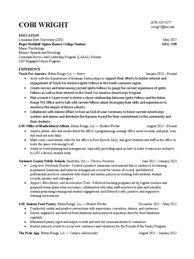 Cobi Wright Resume 2023 | PDF | Learning | Behavior Modification