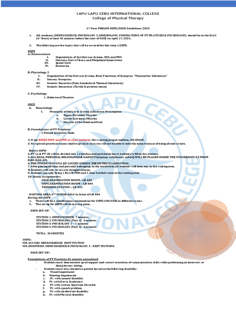 OSPE/OSCE Guidelines for 1st Year PT | PDF | Nerve | Central Nervous System