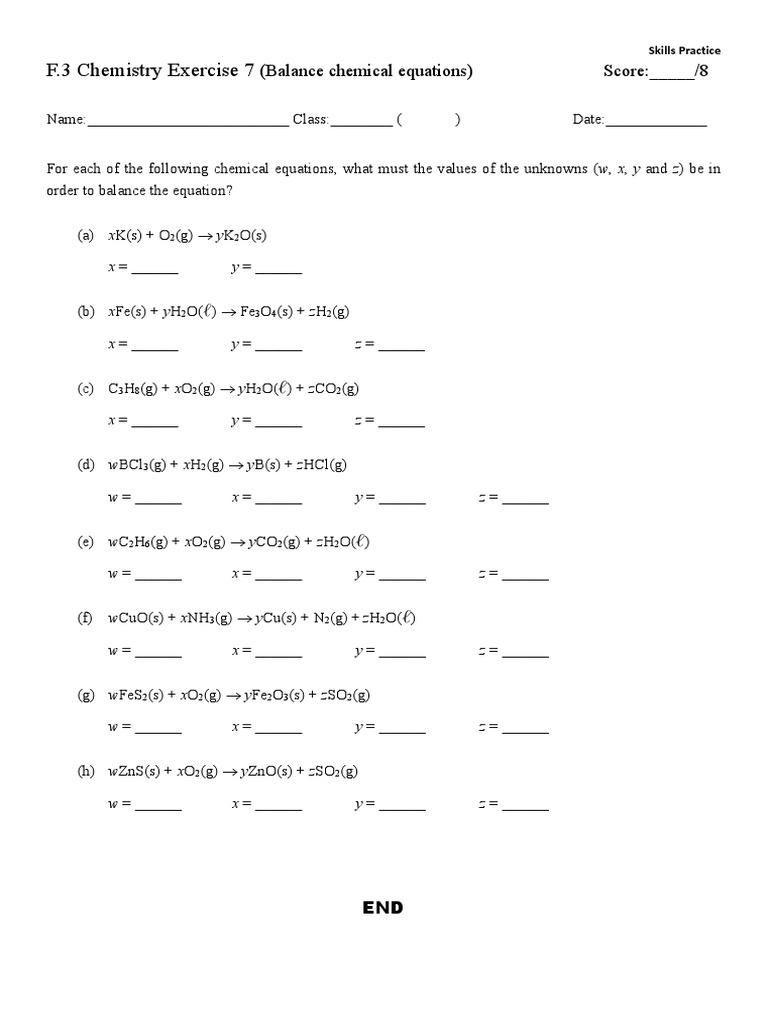 F.3 Chemistry Exercise 7 Balance Chemical Equations (Q) | PDF