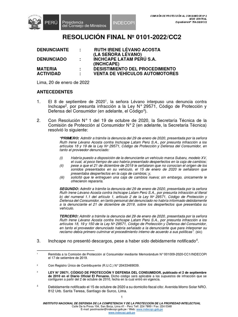 Resolución Final #0101-2022/CC2 | PDF | Protección al Consumidor | Perú
