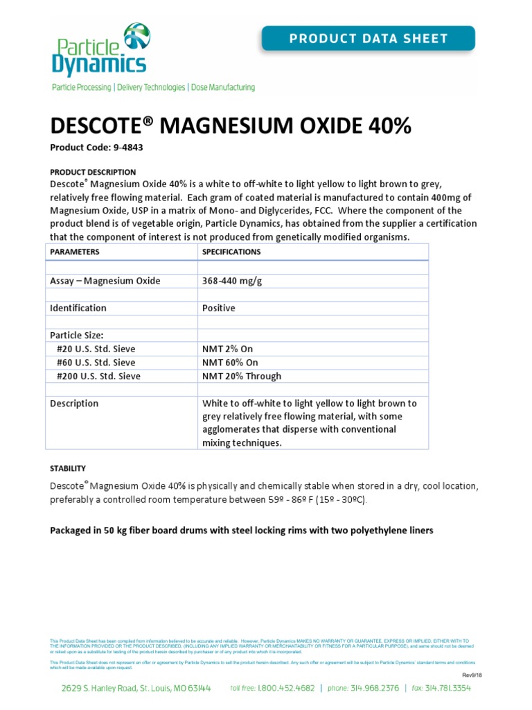 9 4843 Descote Magnesium Oxide 40 | PDF | Magnesium | Chemical Substances
