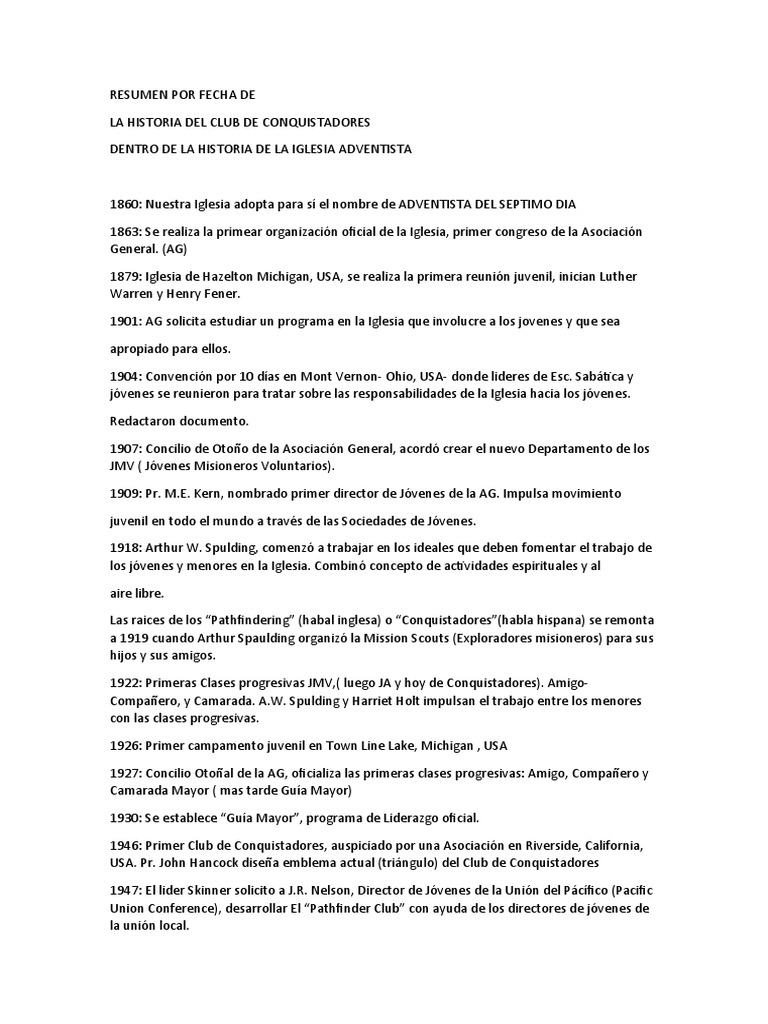 Resumen Historia Conquistadores | PDF | Organizaciones religiosas | Iglesia Adventista del ...