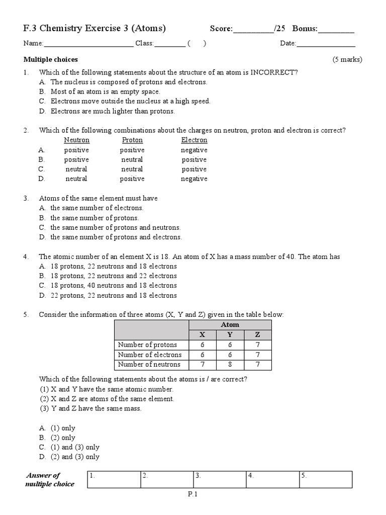 F.3 Chemistry Exercise 3 (Atoms) (Q&A) | PDF | Atoms | Proton