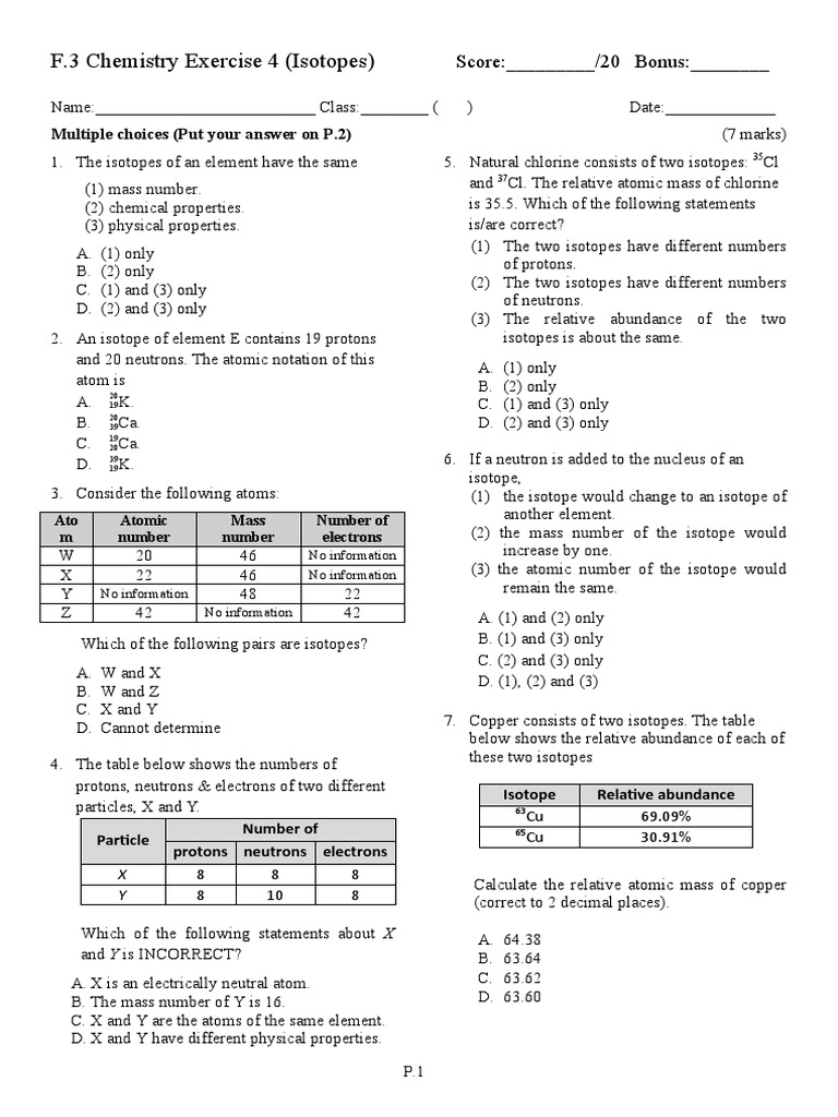 F.3 Chemistry Exercise 4 (Isotopes) (Q&A) | PDF | Teaching Methods ...