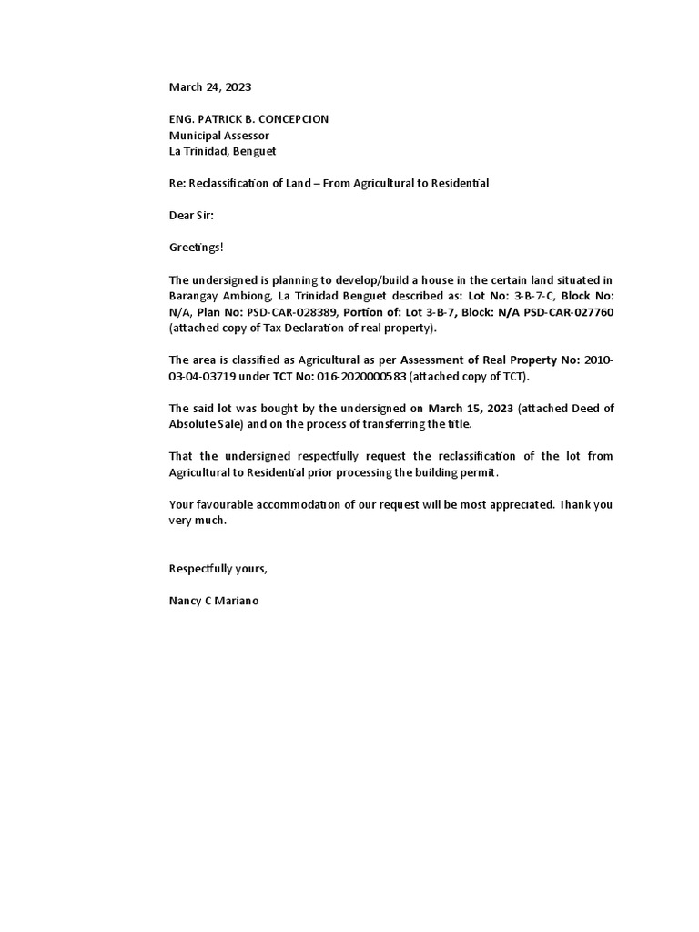 Letter of Request From Agricultural To Residential | PDF