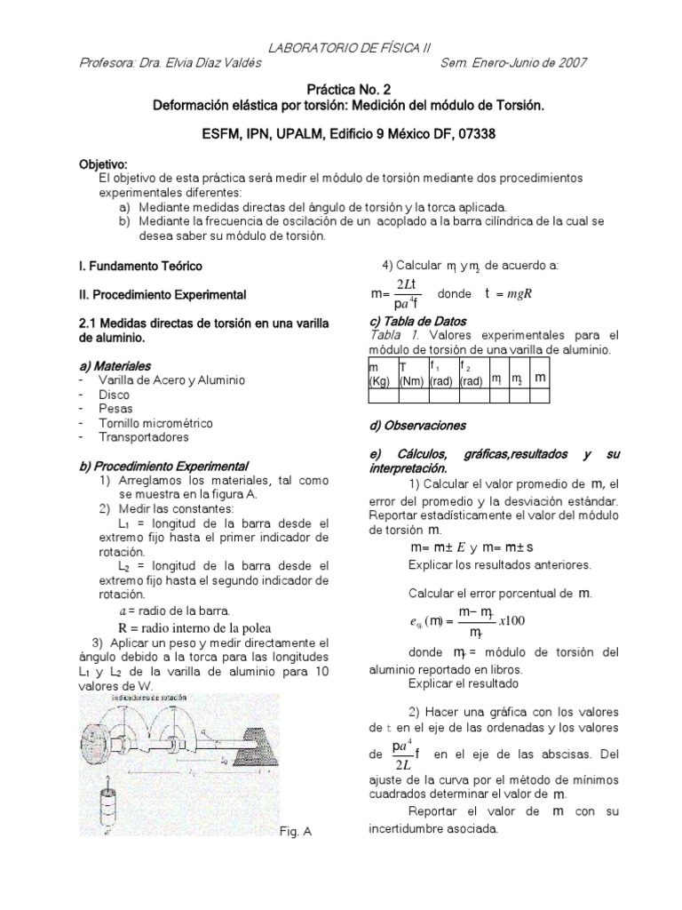 Práctica No. 2 Deformación Elástica Por Torsión: Medición Del Módulo de ...