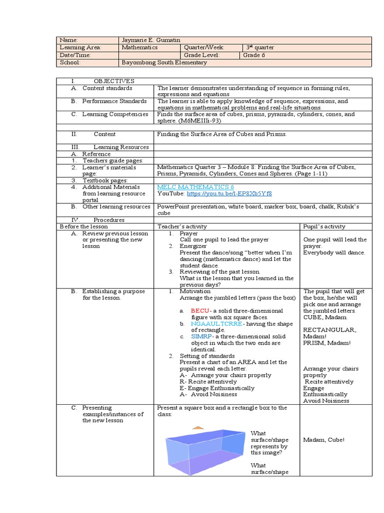 1st Lesson Plan | PDF | Area | Rectangle