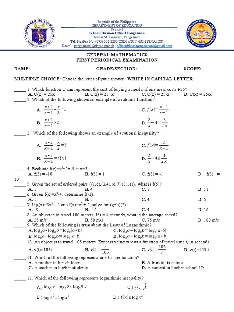 1st Periodical Exam - General Mathematics | PDF | Logarithm | Function (Mathematics)