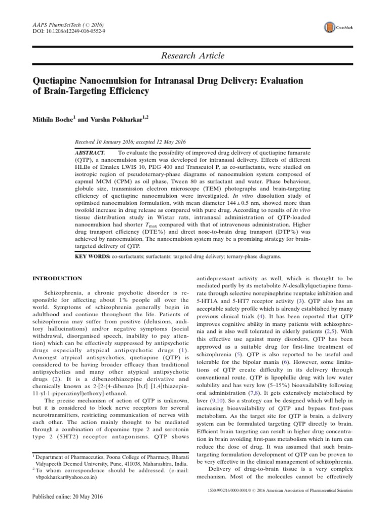 Research Article Quetiapine Nanoemulsion For Intranasal Drug Delivery ...