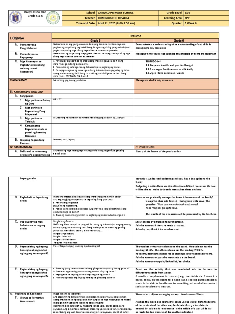 I. Objective Grade 5 Grade 6 A. B. C | PDF