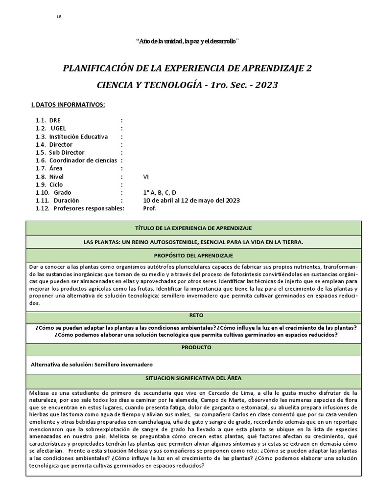 PLANIFICADOR EDA 2 de 1°Sec | PDF | Plantas | Aprendizaje