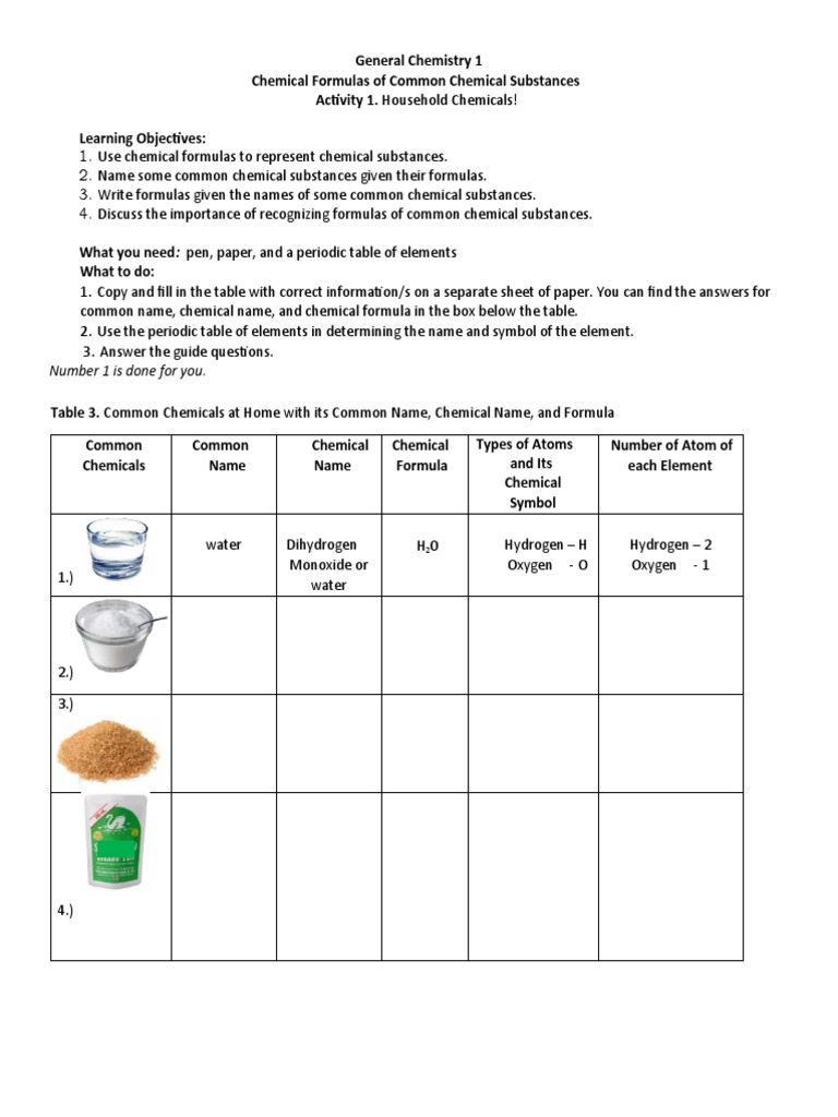 General Chemistry 1 Chemical Formulas and Substances Activity Sheet ...