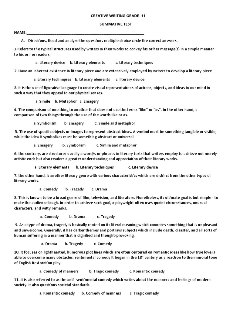 Grade 11 Creative Writing Quiz | PDF | Comedy | Idea