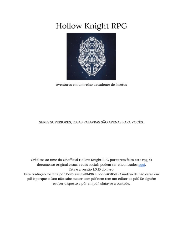 Hollow Knight RPG Nao Oficial | PDF | Jogos de RPG | Insetos