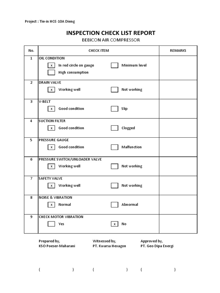 Bebicon Air Compressor Inspection Report | PDF | Chemical Engineering ...