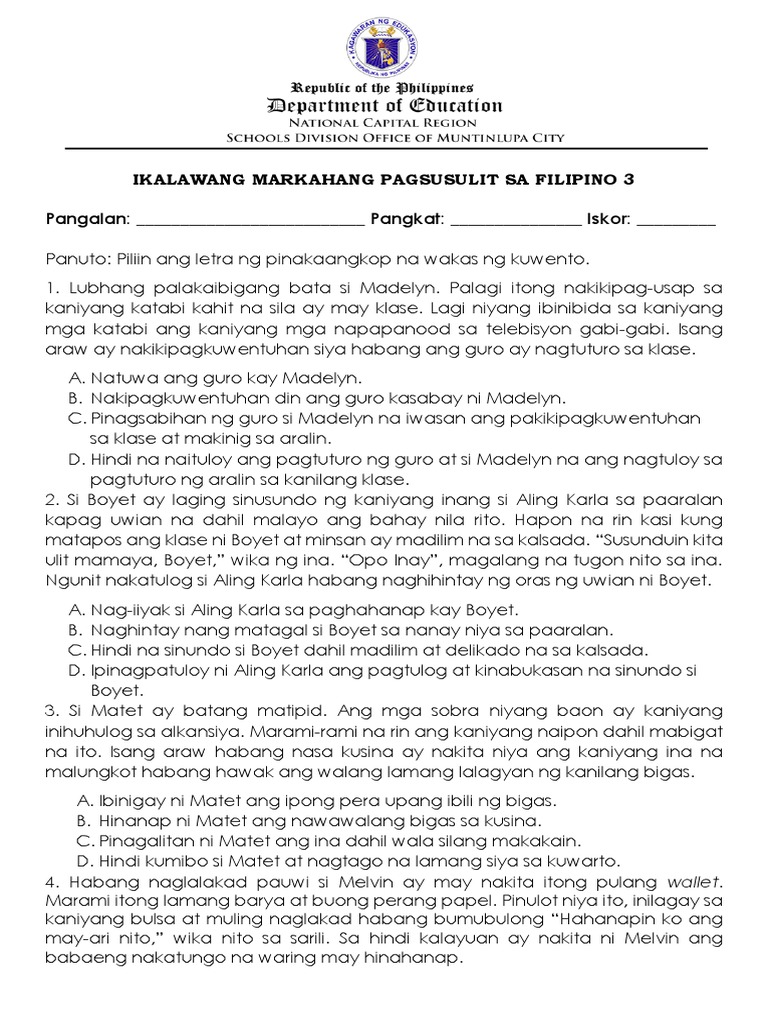 Ikalawang Markahang Pagsusulit Sa Filipino 3 Pangalan: - Pangkat ...