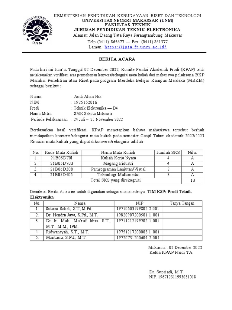 Berita Acara Rekognisi Mata Kuliah - Nuur Shofiyah Sutisna | PDF