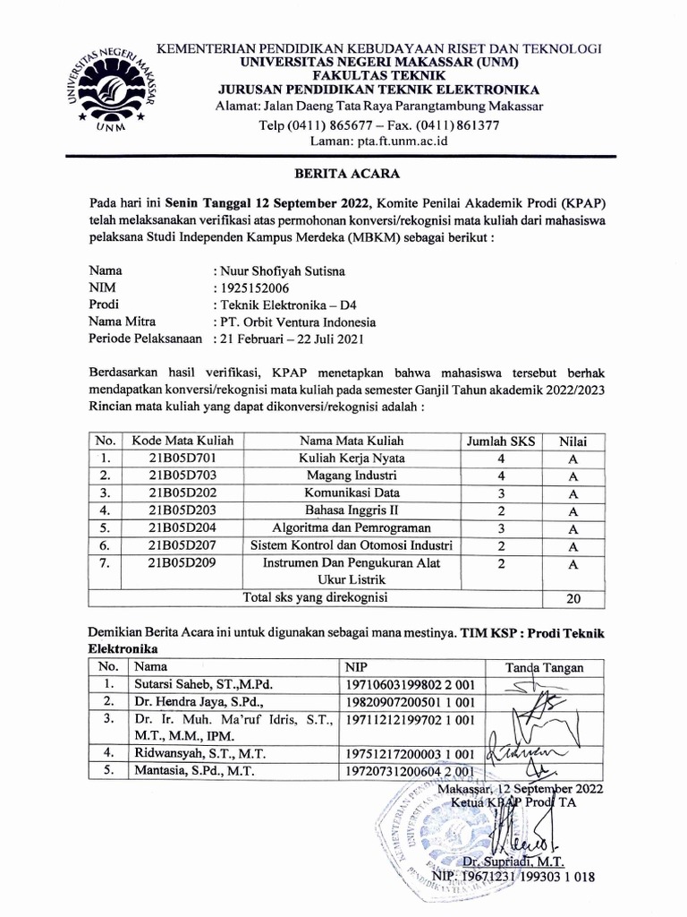 Berita Acara Rekognisi Mata Kuliah - Nuur Shofiyah Sutisna | PDF