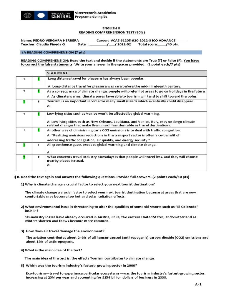 English Reading Test 1-1 | Download Free PDF | Climate Change | Tourism