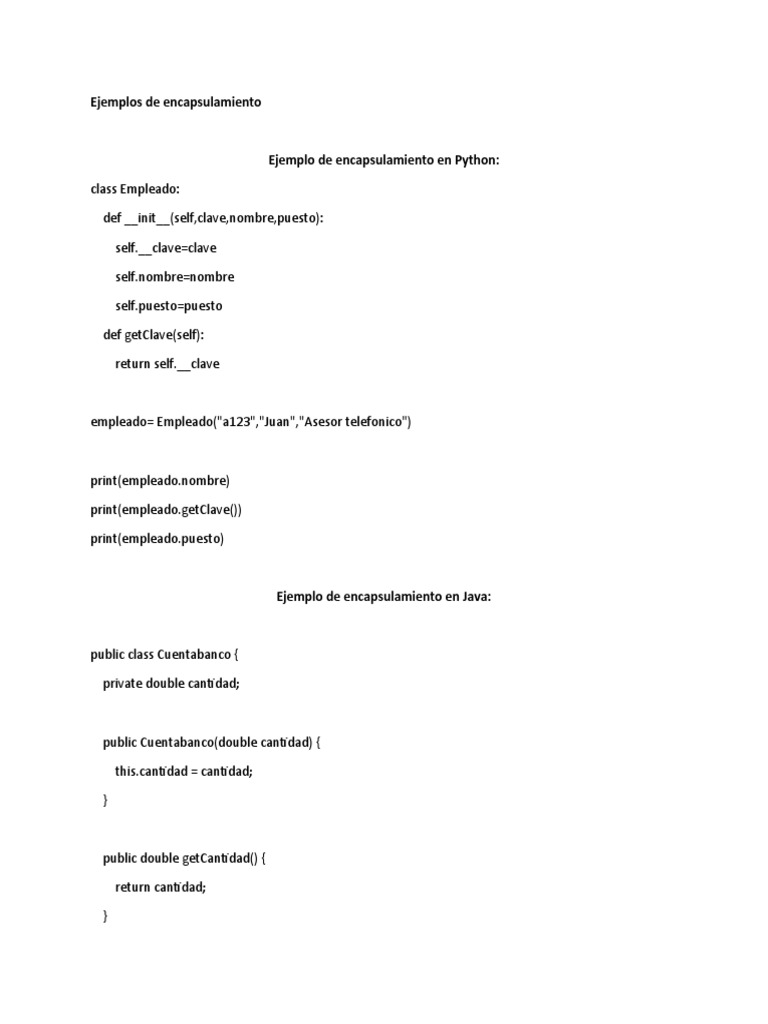 Ejemplos encapsulamiento Python Java | PDF