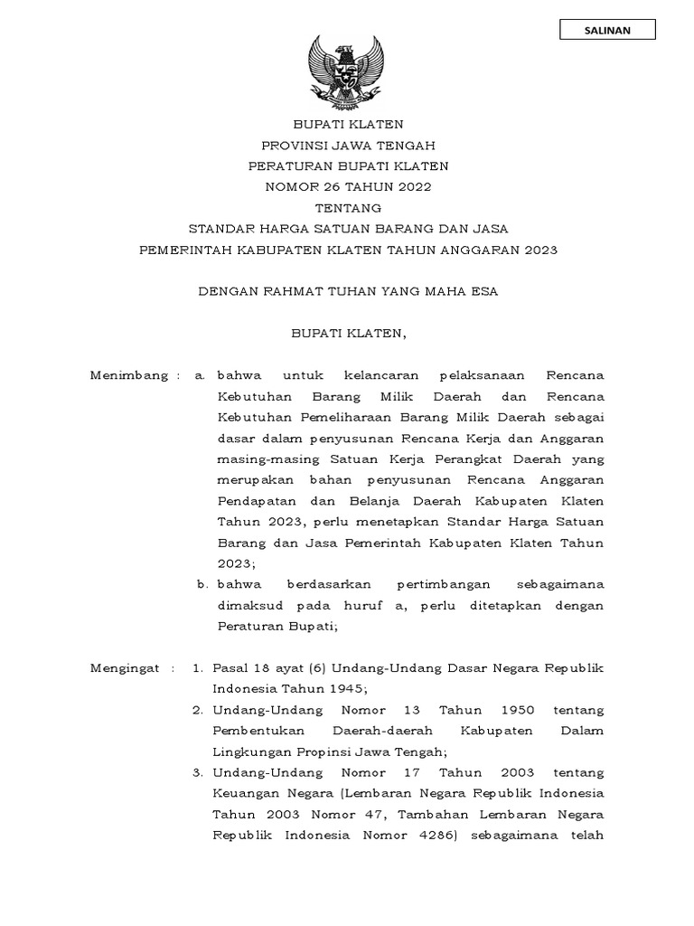 Perbup Nomor 26 Tahun 2022 Tentang Standar Harga Satuan Barang Dan Jasa Pemerintah Kabupaten ...